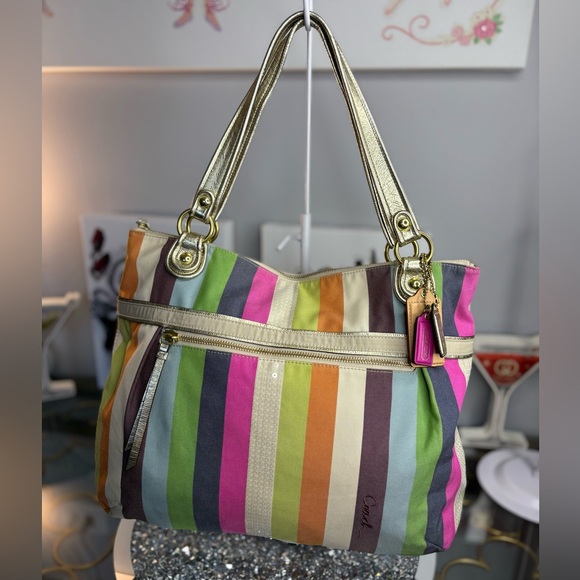 Coach | Bags | Coach 21 Poppy Legacy Stripe Glam Tote Euc | Poshmark